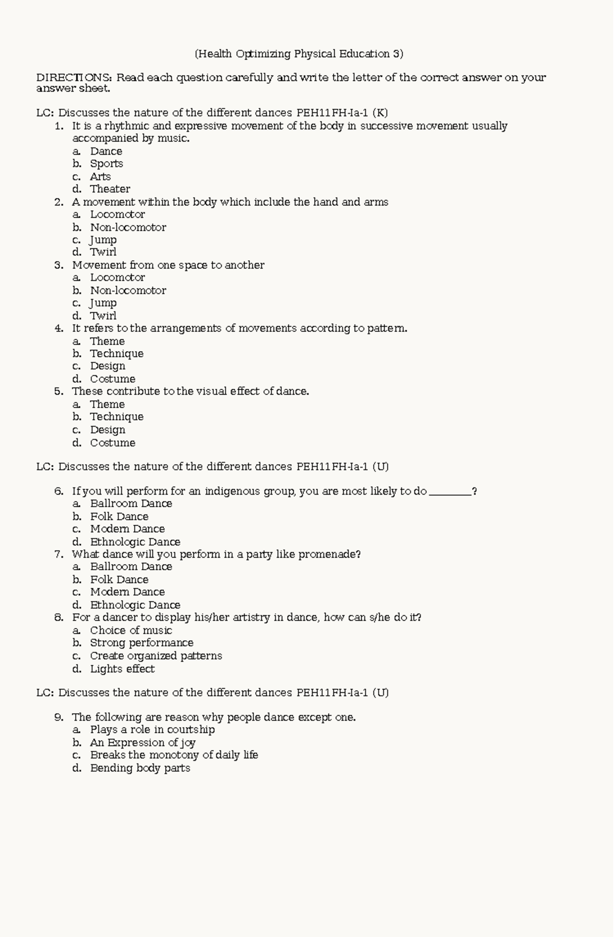 HOPE-12 Quiz: Understanding Dance, Energy Systems, and Eating Habits ...