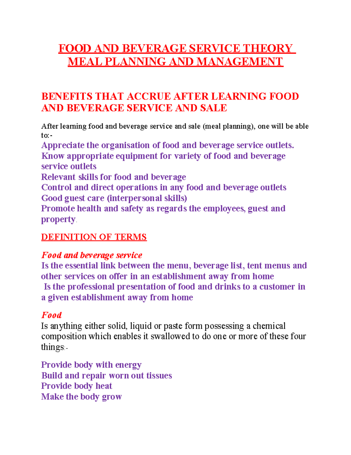 FOOD AND BEVERAGE SERVICE THEORY: MEAL PLANNING & MANAGEMENT - Studocu
