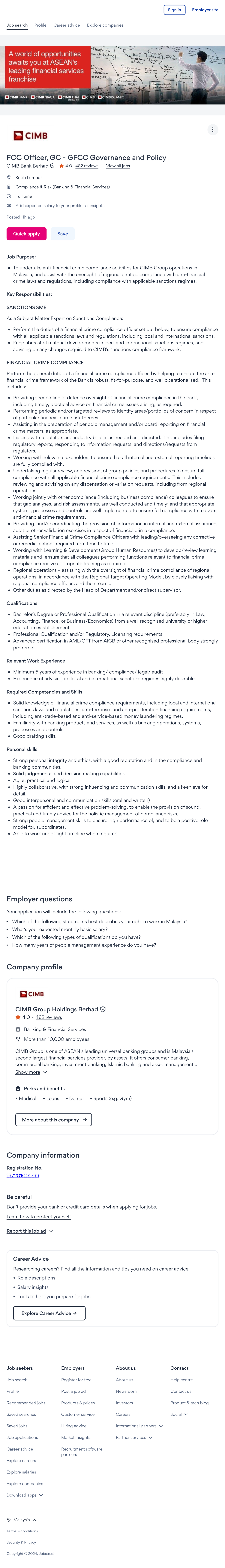 job requirements - FCC Officer, GC - GFCC Governance and Policy CIMB ...