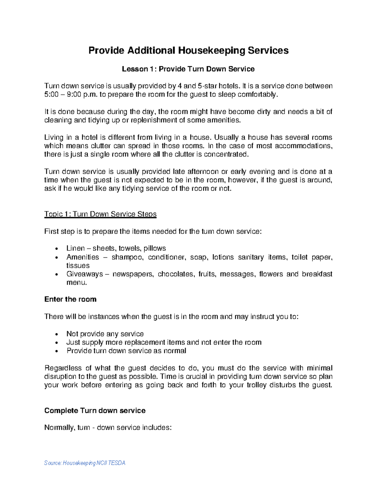 Housekeeping Services: Lessons on Turn Down & Cleaning Duties - Studocu