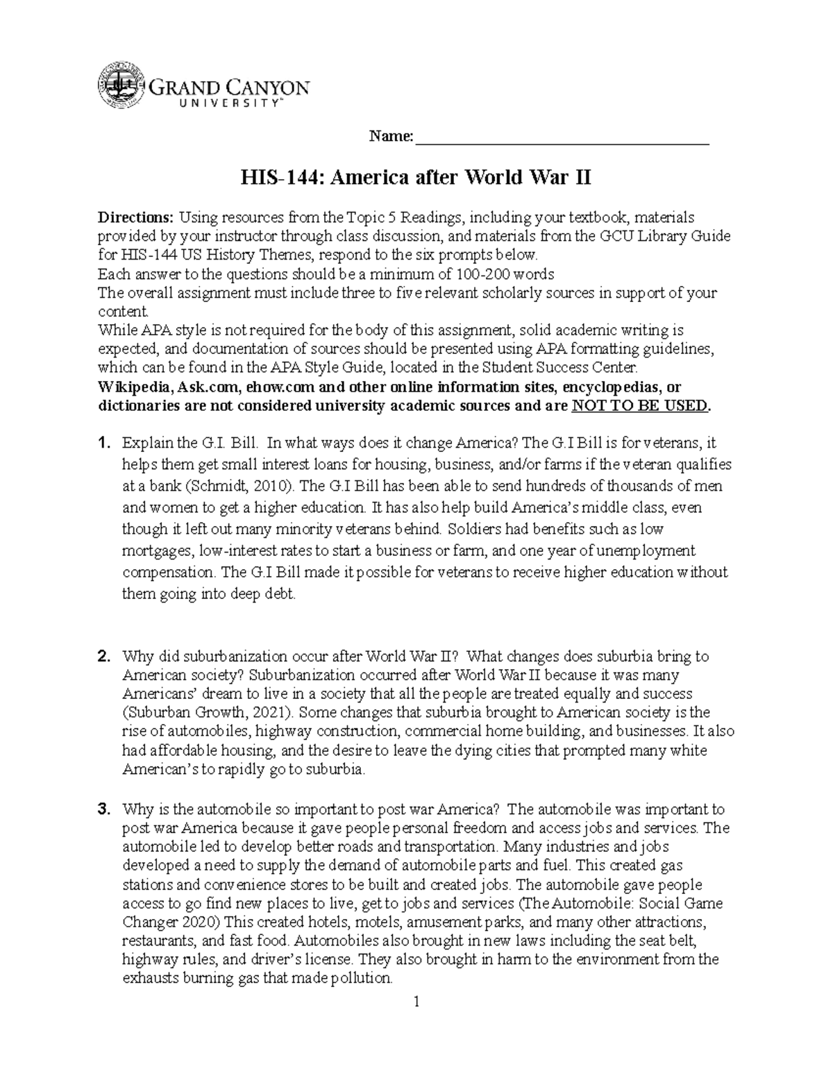HIS-144: America after World War II - Name ...