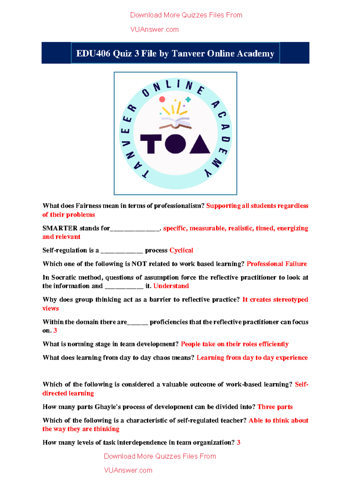 EDU406 Quiz 3: Key Concepts in Professionalism & Reflective Practice ...