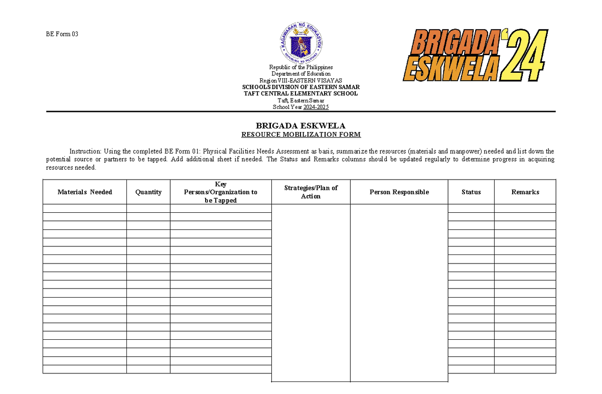 BE-Form-3 - Brigada Eskwela Forms - BE Form 03 Republic of the ...
