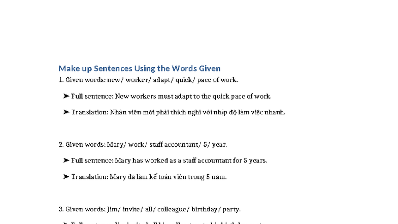 Make Up Sentences Using Given Words - Practice for Exam - Studocu