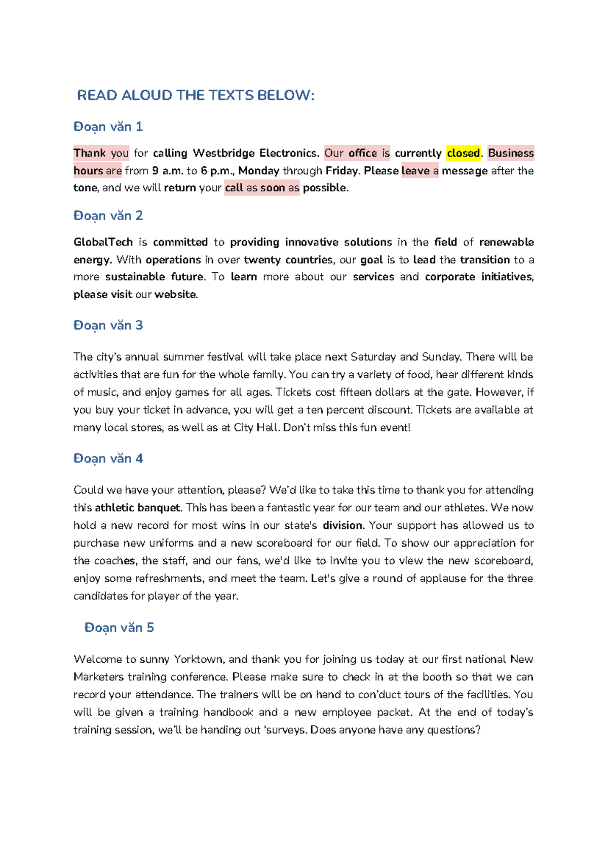 Toeic Speaking Part 1: Read Aloud Texts for Practice - Studocu