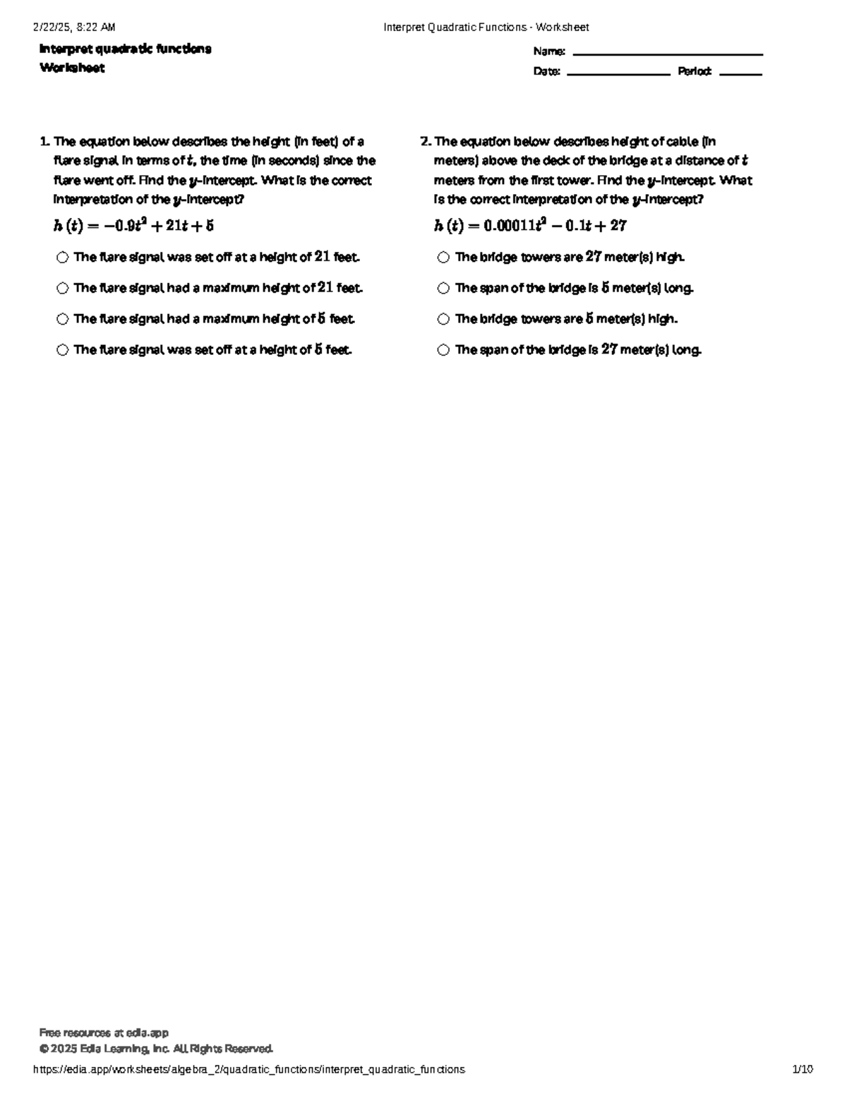 unit 10 - quadratic functions - interpreting quadratic functions graphs ...