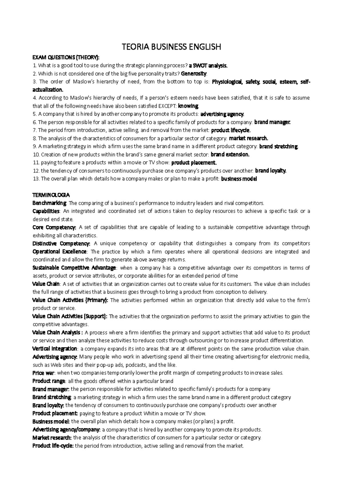 Teoria Business English Exam Questions & Terminology Summary - Studocu
