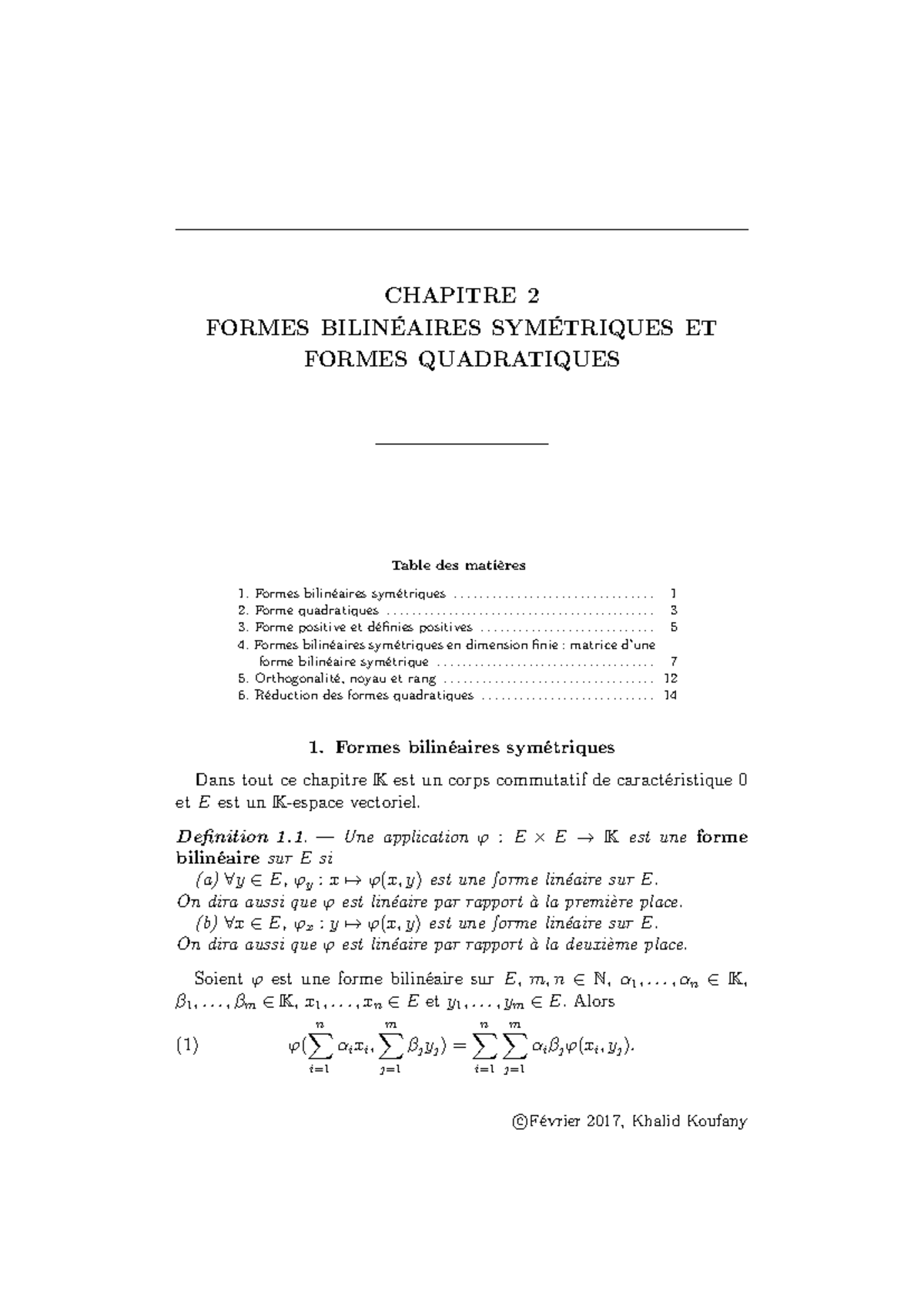 CHAPITRE 2 : FORMES BILINÉAIRES SYMÉTRIQUES ET QUADRATIQUES - Studocu