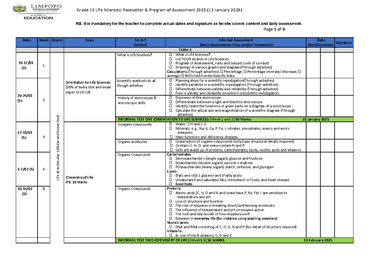 Grade 10 Life Sciences: Pacesetter Assessment Program 2025 - Studocu