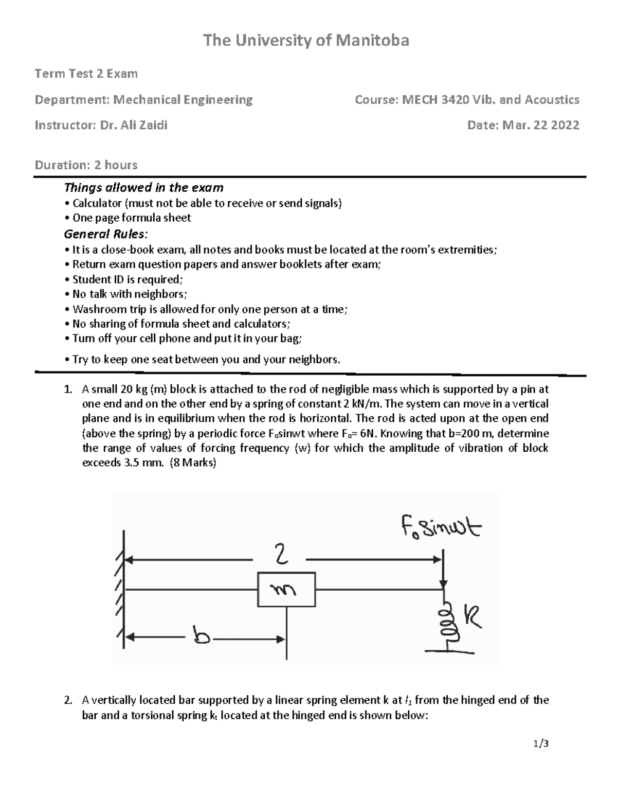 TT2 MECH 3420 Vib & Acoustics Exam Prep - W2022 - Studocu
