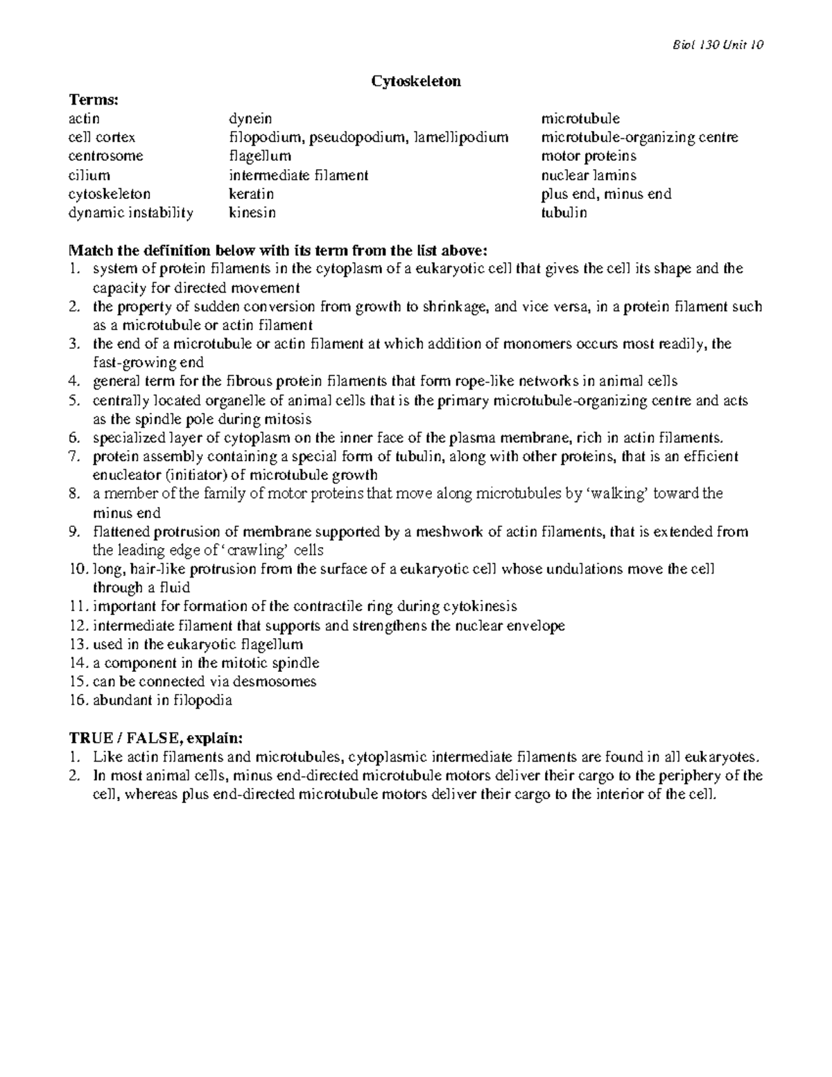 Biol 130 Worksheet Unit 10: Understanding the Cytoskeleton Concepts ...