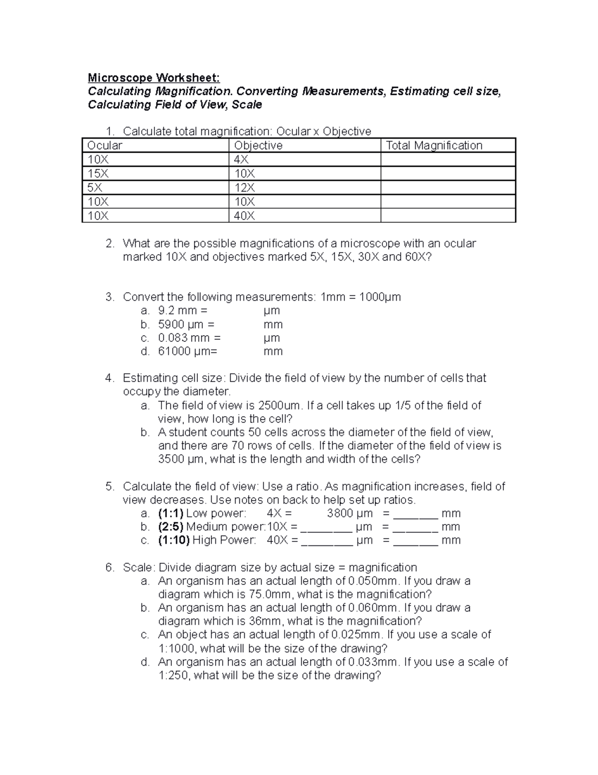 FOV Worksheet: Understanding Magnification & Field of View Calculations - Studocu
