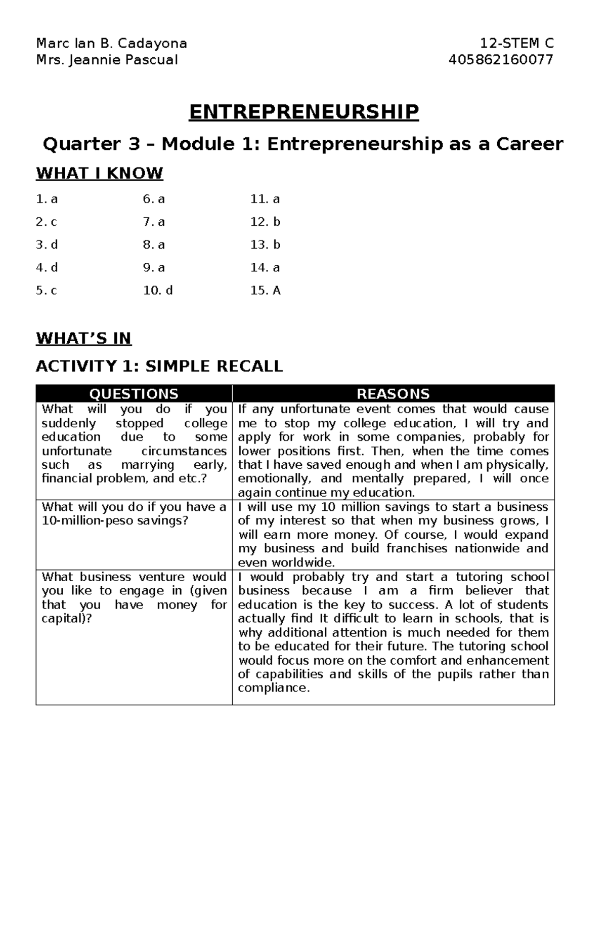 Entrep Q3 WEEK 1 - rhwqr - Marc Ian B. Cadayona 12-STEM C Mrs. Jeannie ...