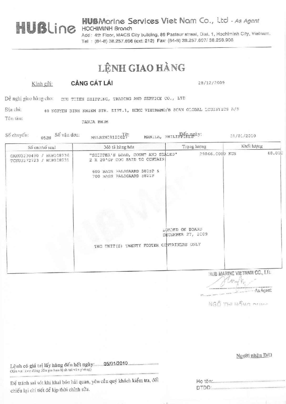 LENH GIAO HANG 2 - Shipping Instructions for 20' Containers - Studocu