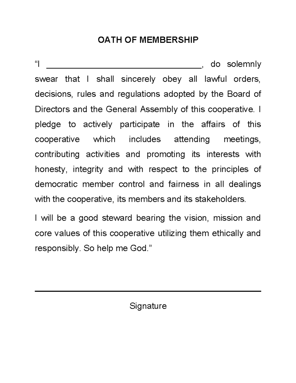 OATH OF Membership - Principles of Cooperativism Commitment - Studocu