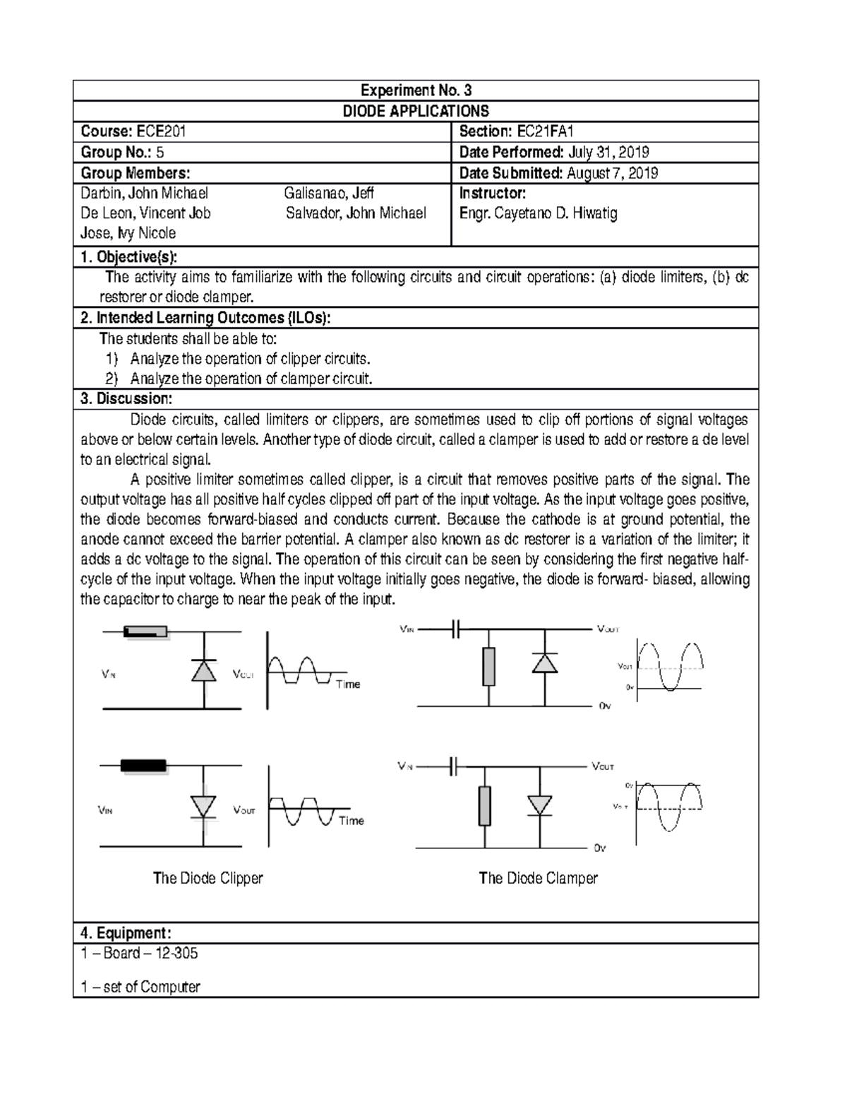 LAB Report 3 - Experiment No. 3 DIODE APPLICATIONS Course: ECE201 ...