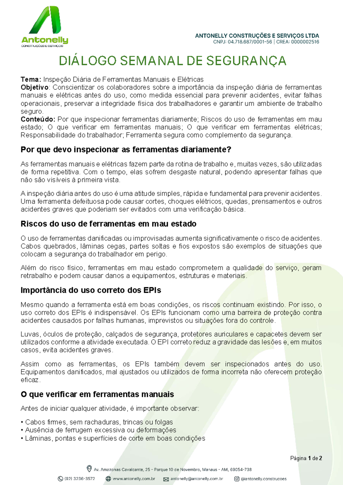 21.01.26 - Inspeção Diária de Ferramentas Manuais e Elétricas - Studocu
