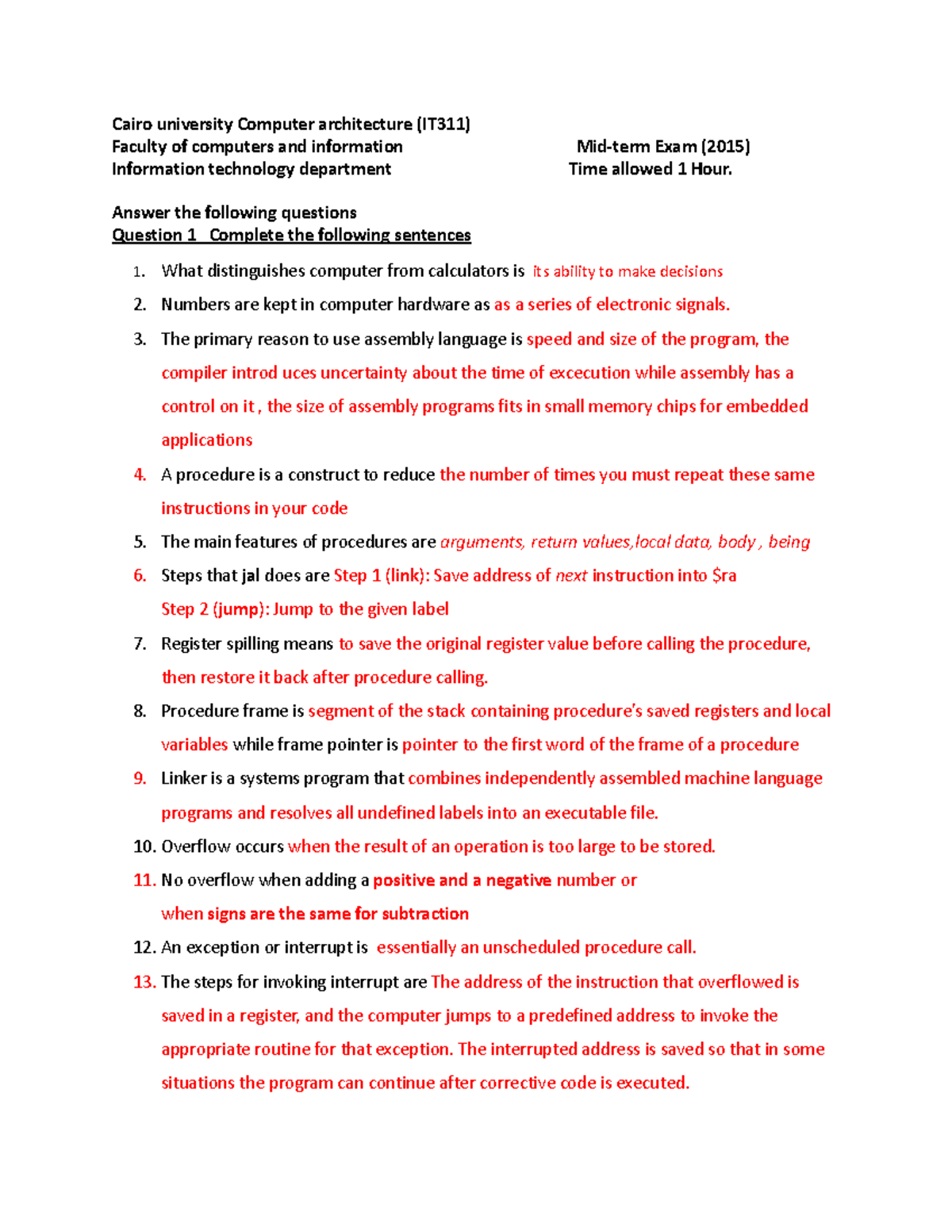 Midterm 2015 model answer - Cairo university Computer architecture ...