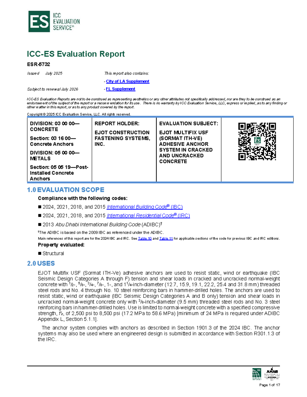 Evaluation Report ESR-5732: EJOT Multifix USF Adhesive Anchor System ...