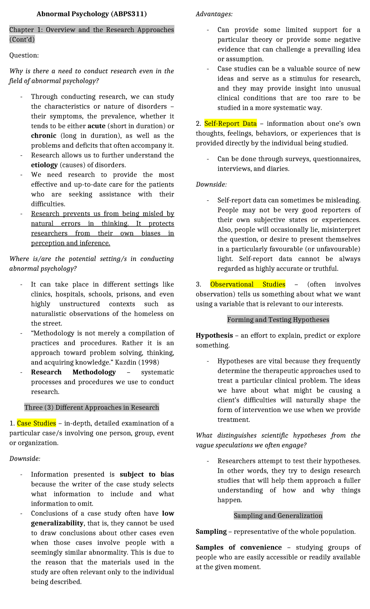 Abnormal Psychology (ABPS311) Chapter 1: Research Approaches Overview ...