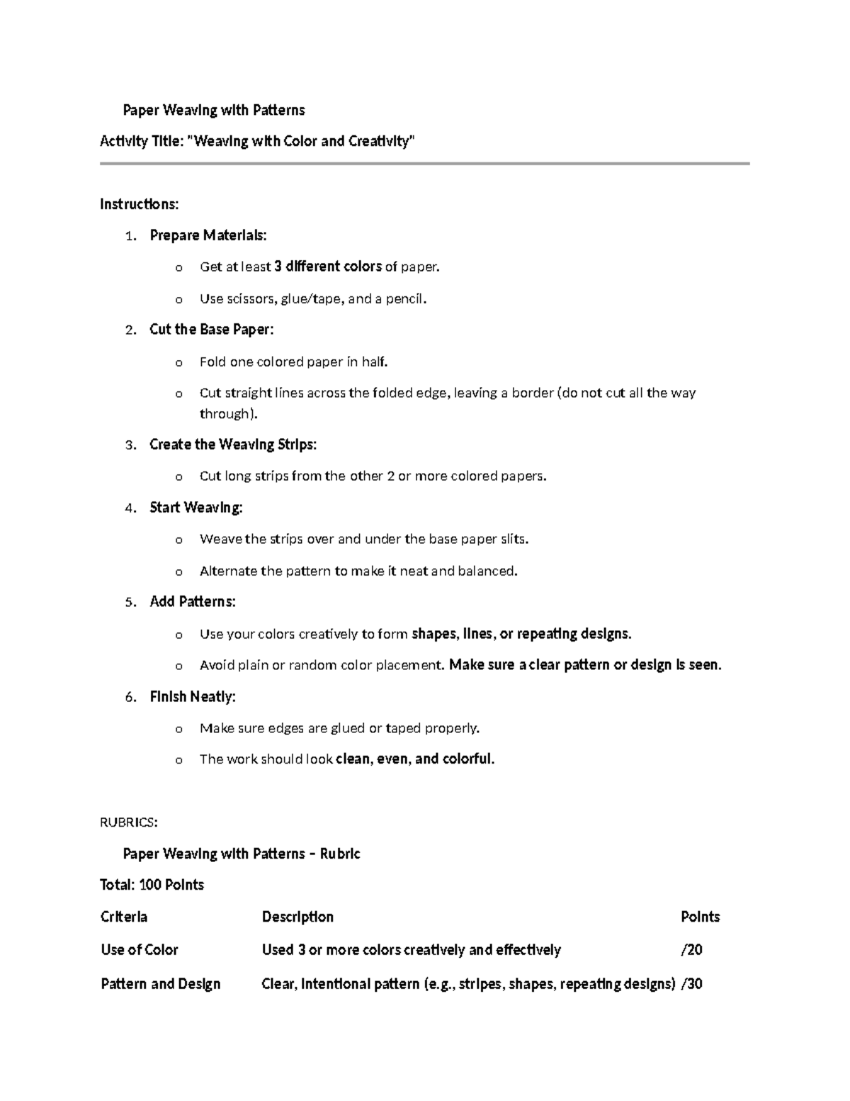 Paper Weaving with Patterns Activity Instructions and Rubric - Studocu