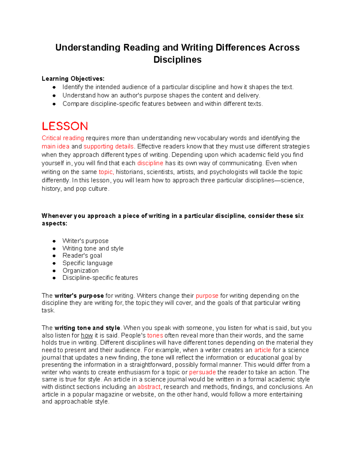 Understanding Reading and Writing Differences Across Disciplines ...