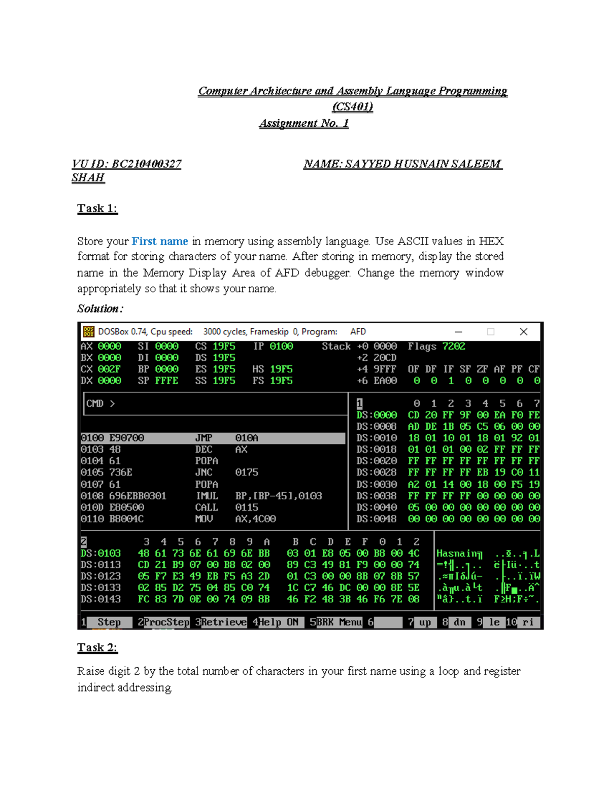 CS401 Assignment 01: Assembly Language Memory Storage Task - Studocu