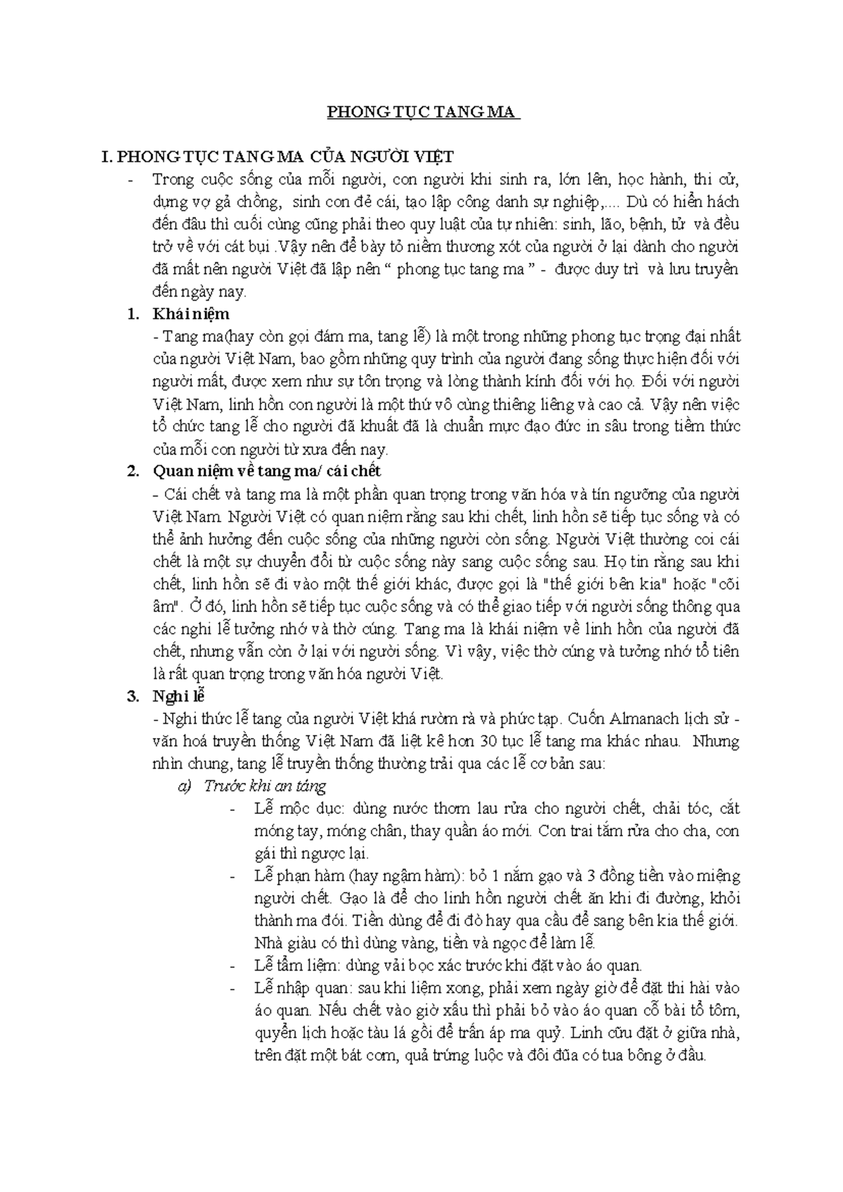 Phong Tục Tang Ma Trong Văn Hoá Người Việt: Ý Nghĩa và Nghi Lễ - Studocu