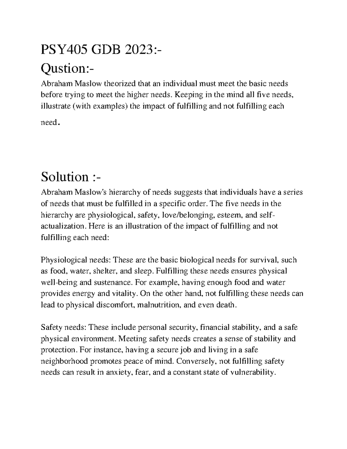 PSY405 GDB 2023 - .docx By Pin2sggffg - PSY405 GDB 2023:- Qustion:- Abraham Maslow theorized ...