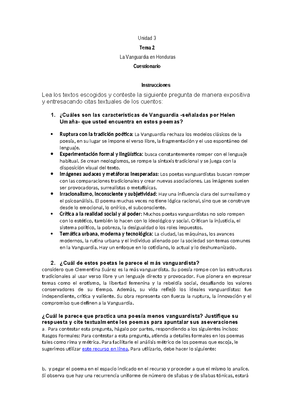 Unidad 3 Tema 2: Cuestionario sobre La Vanguardia en Honduras - Studocu