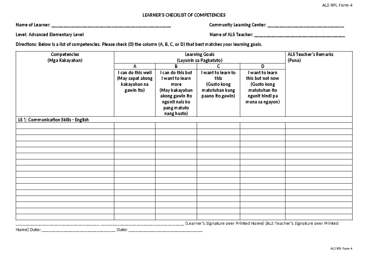ALS RPL Form 4: Advanced Learner's Competency Checklist - Studocu