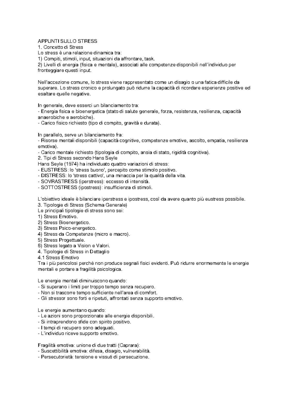APPUNTI SULLO STRESS: Tipologie e Impatti Psicologici - Studocu