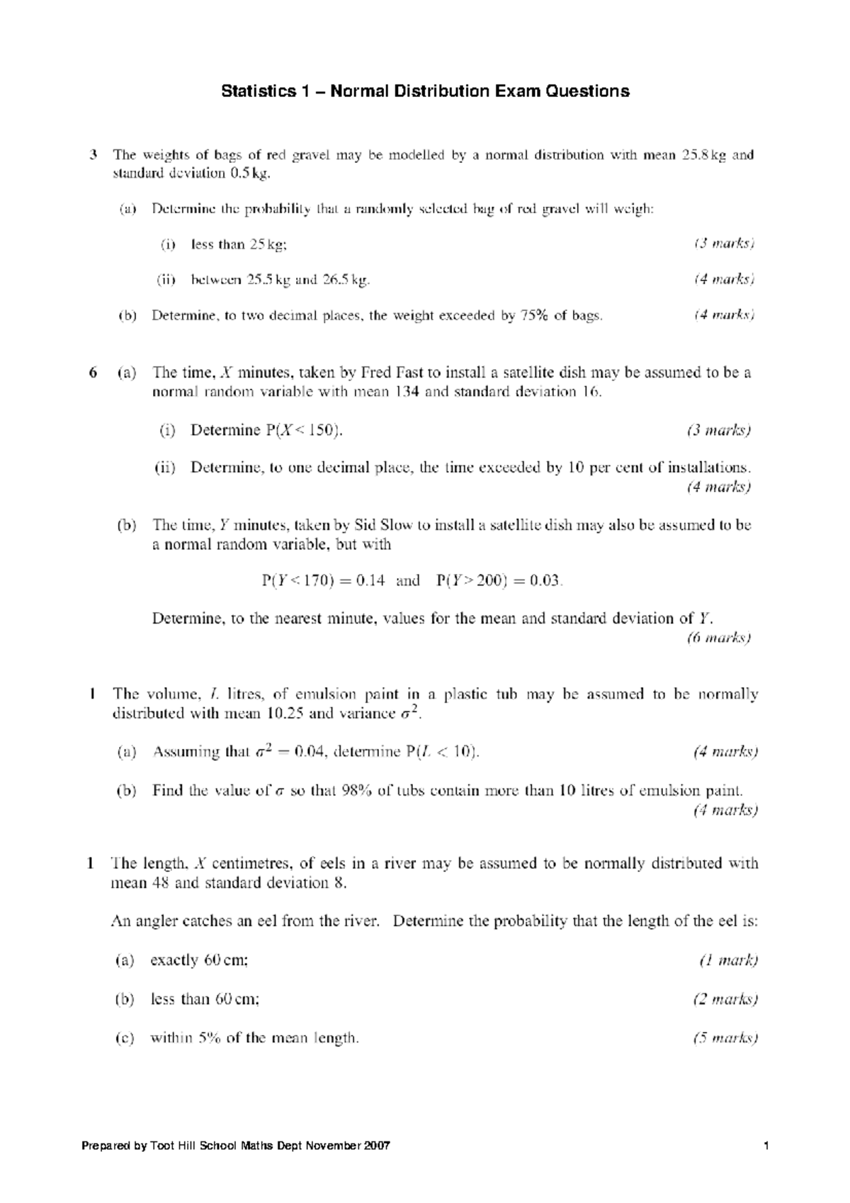 Statistics 1 Normal Distribution Exam Questions & Mark Scheme - Studocu