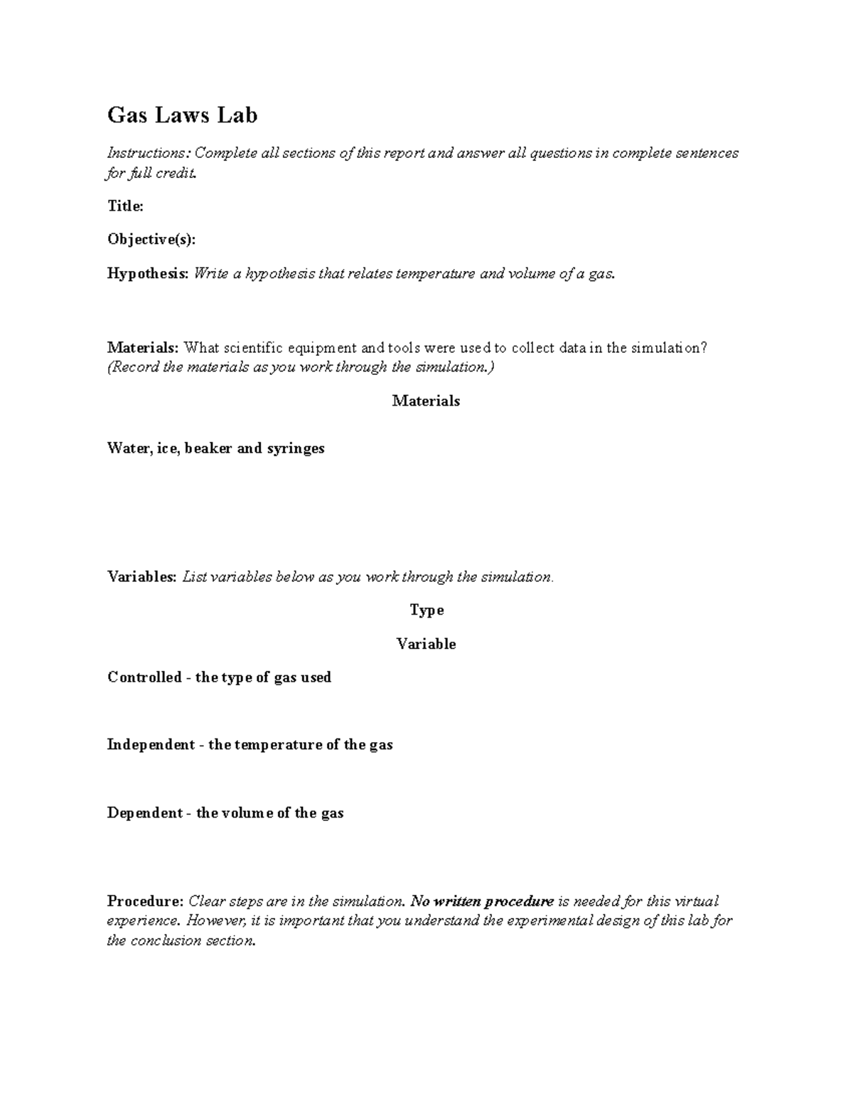 Gas Laws Lab Report - Chem 101 Final Experiment Findings - Studocu