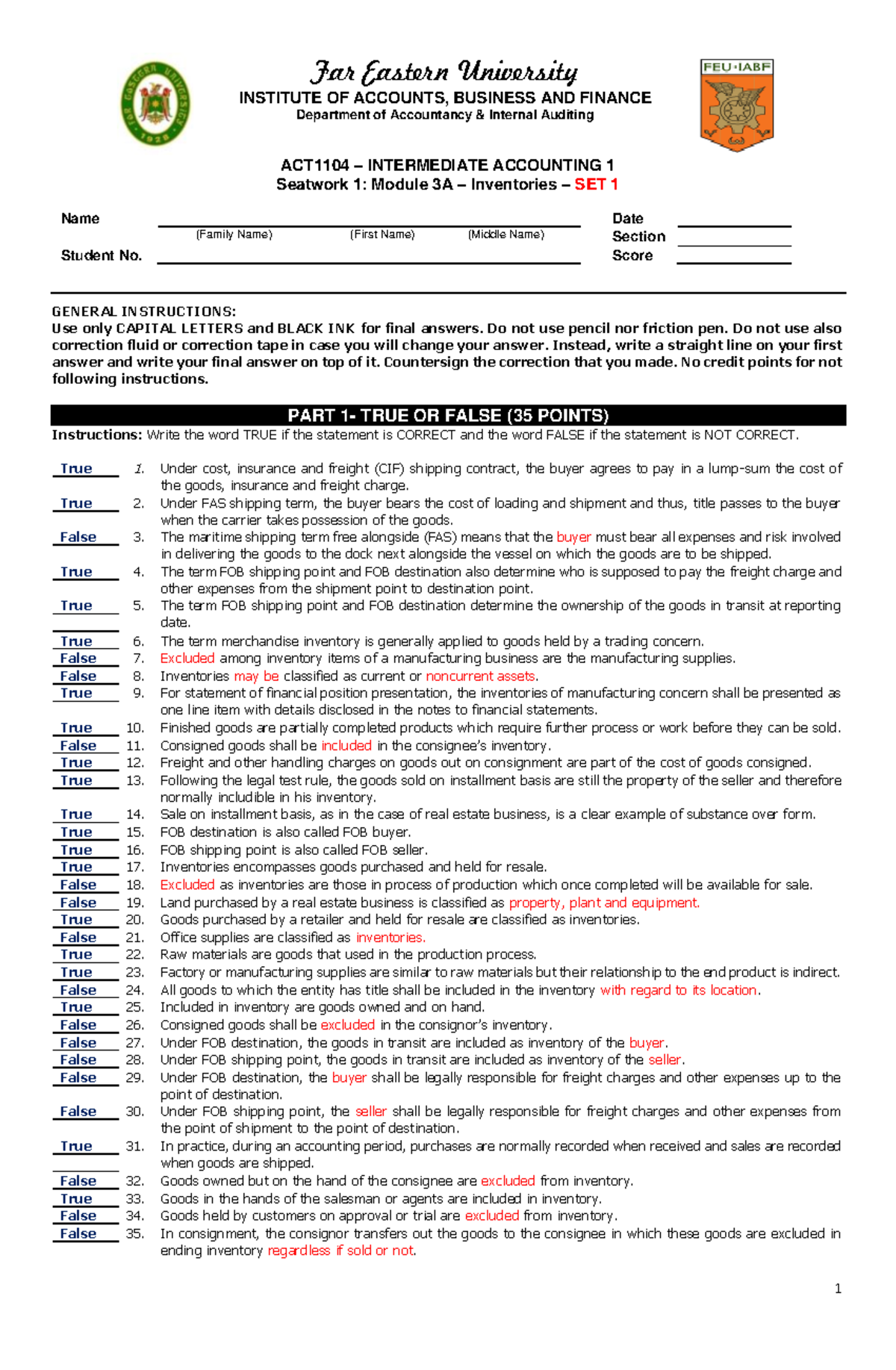 Seatwork 1 Module 3 Inventories SET 1 Answer KEY - 1 Far Eastern ...