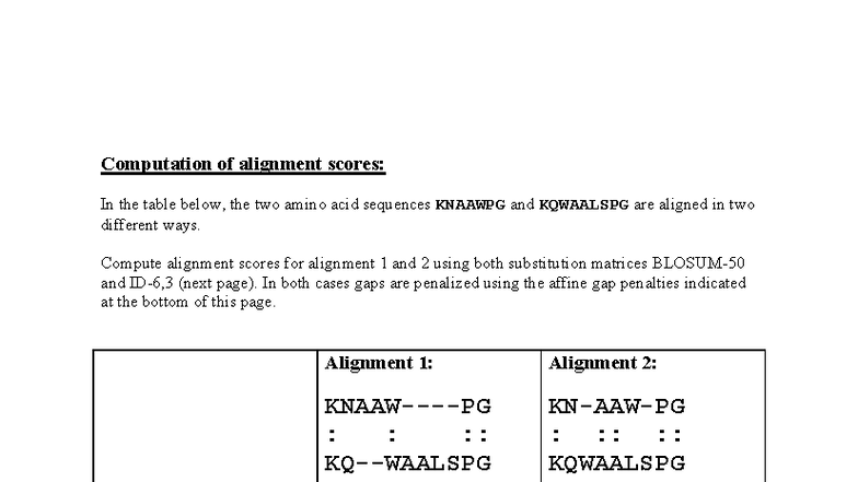 Alignment Scores Computation: Handout on Amino Acid Sequences - Studocu