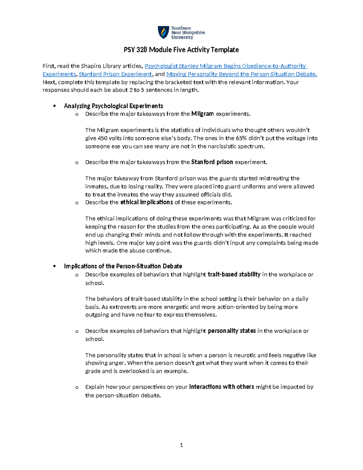 PSY 328 Module Five Activity Template - PSY 328 Module Five Activity Template First, read the ...