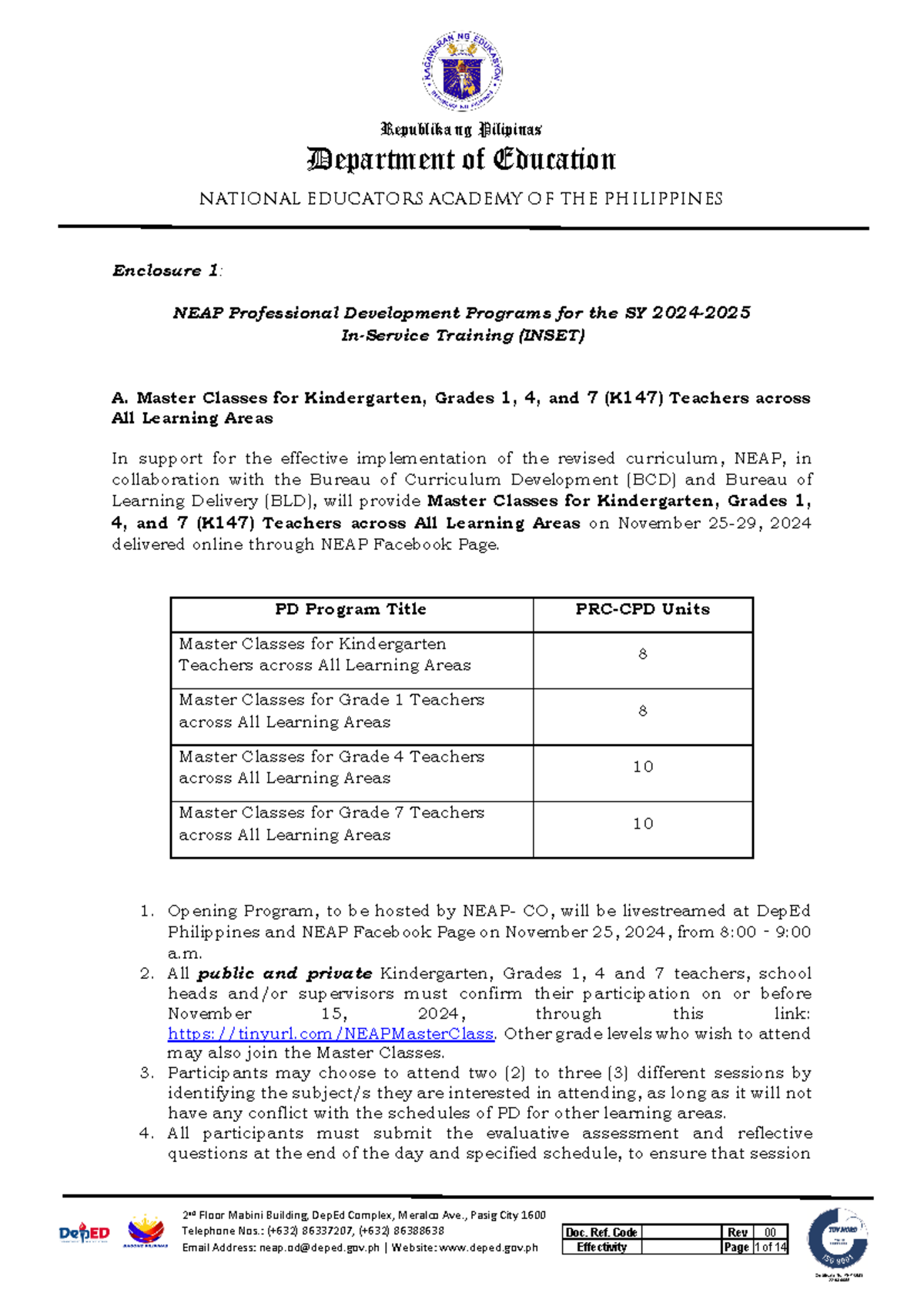 Final INSET Programs for Teachers SY 2024-2025: Enclosure Guide - Studocu