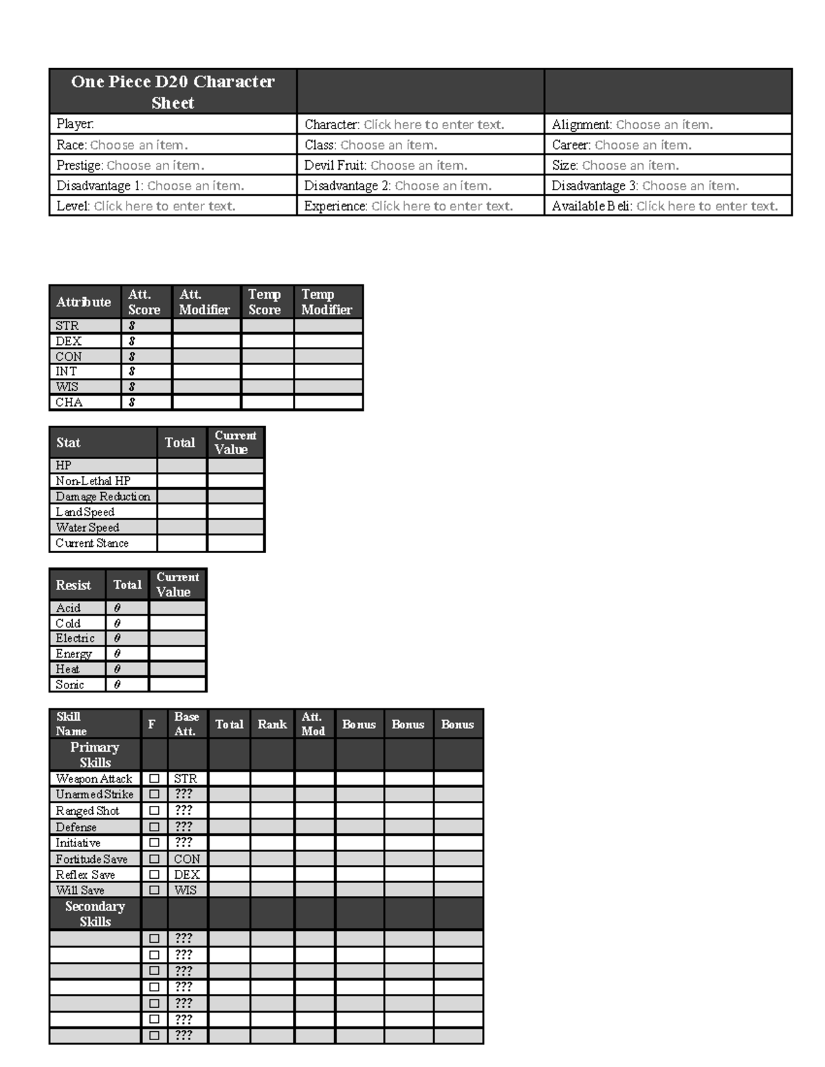 One Piece D20 Character Sheet: Player & Stats Overview - Studocu