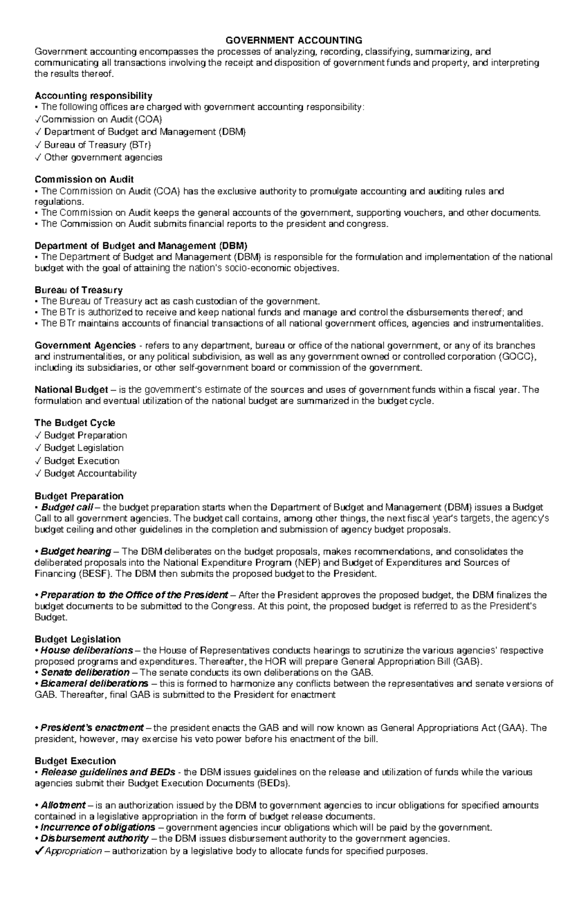 GOVERNMENT ACCOUNTING: Processes, Responsibilities, and Budget Cycle ...