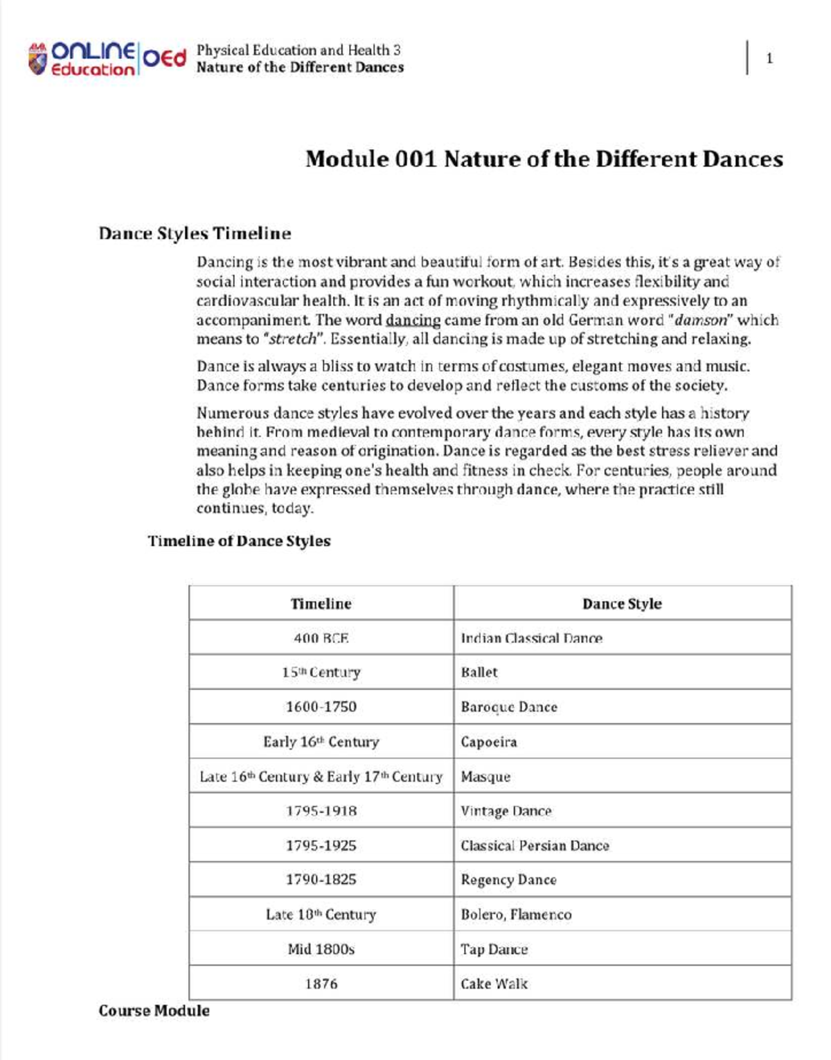 ONLINE OEd PE & Health 3: Nature of Dance Styles & Timeline - Studocu