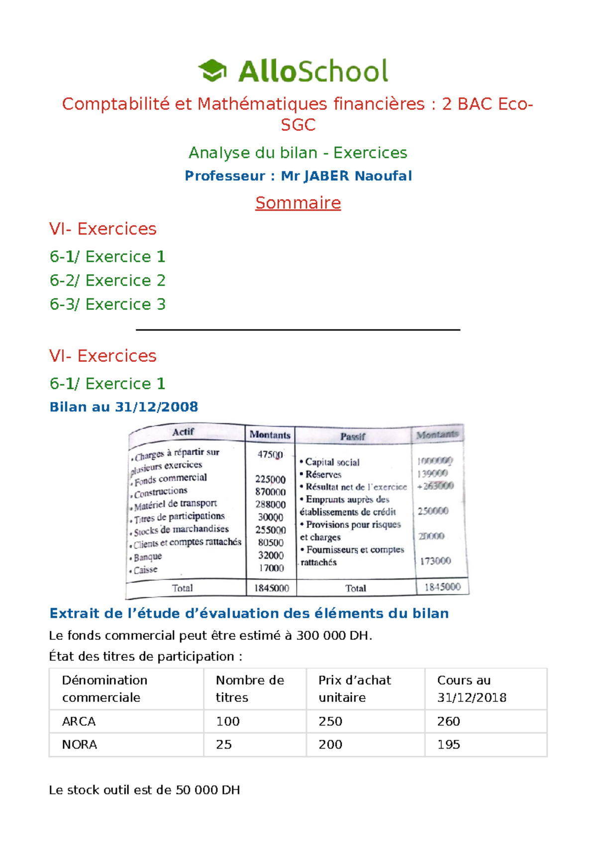 Analyse du bilan : Exercices de Comptabilité et Mathématiques ...