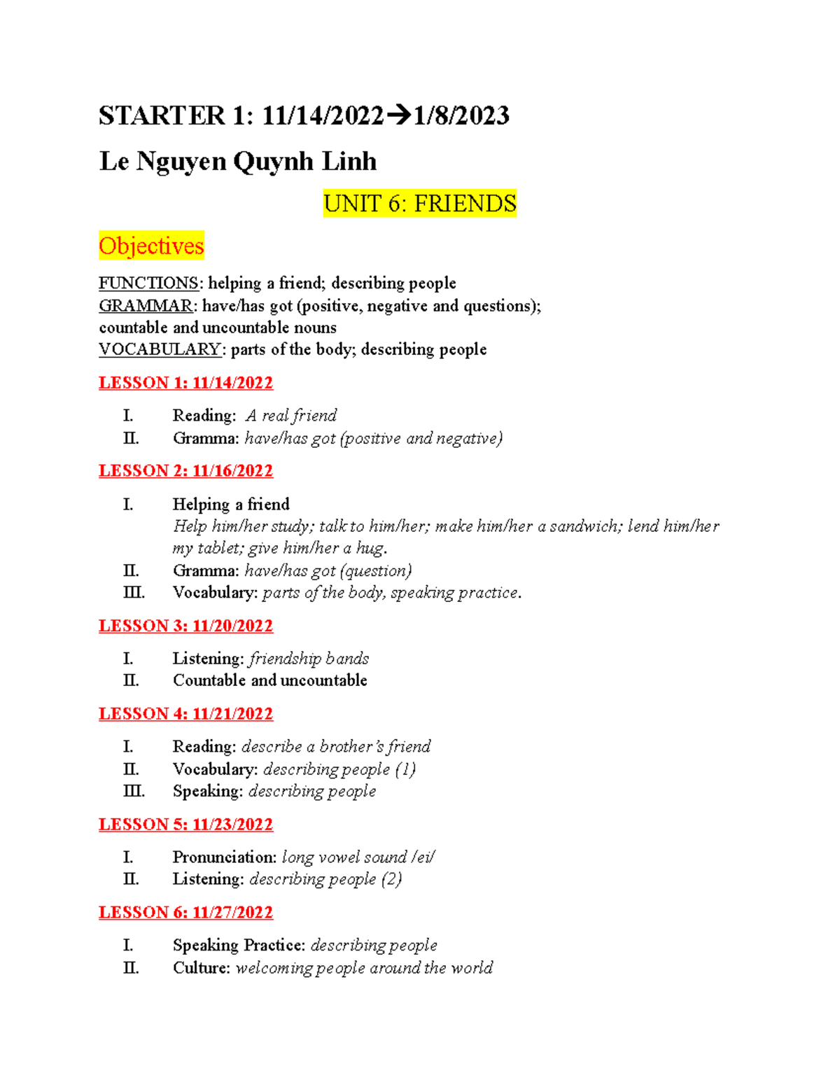 Teaching plan- Starter 1-Ms Linh - STARTER 1: 11/14/2022 1/8/ Le Nguyen ...