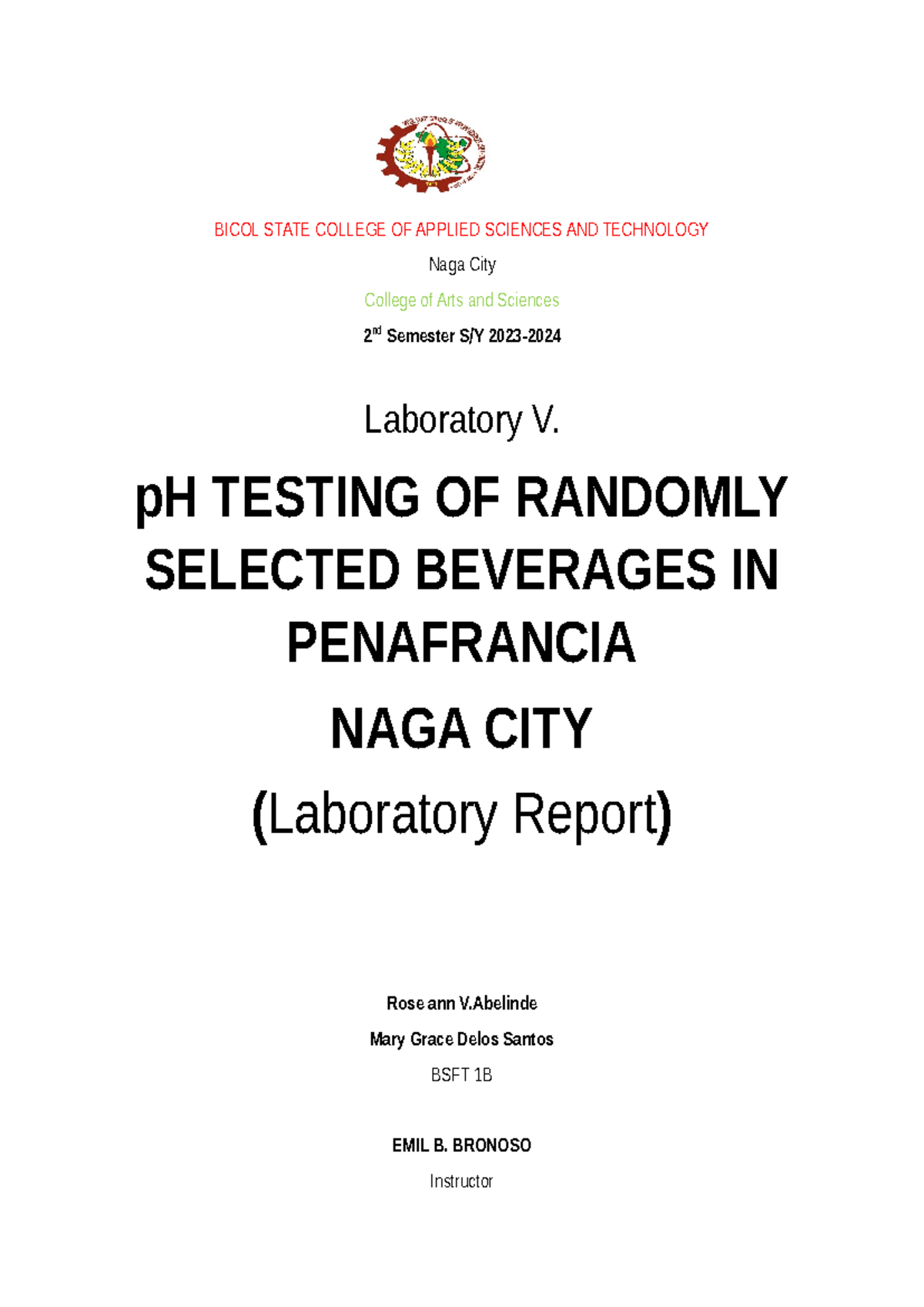 Lab Report: pH Testing of Beverages in Peñafrancia (BSFT 1B) - Studocu