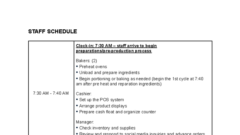 Detailed Staff Schedule for Baking Operations - Studocu