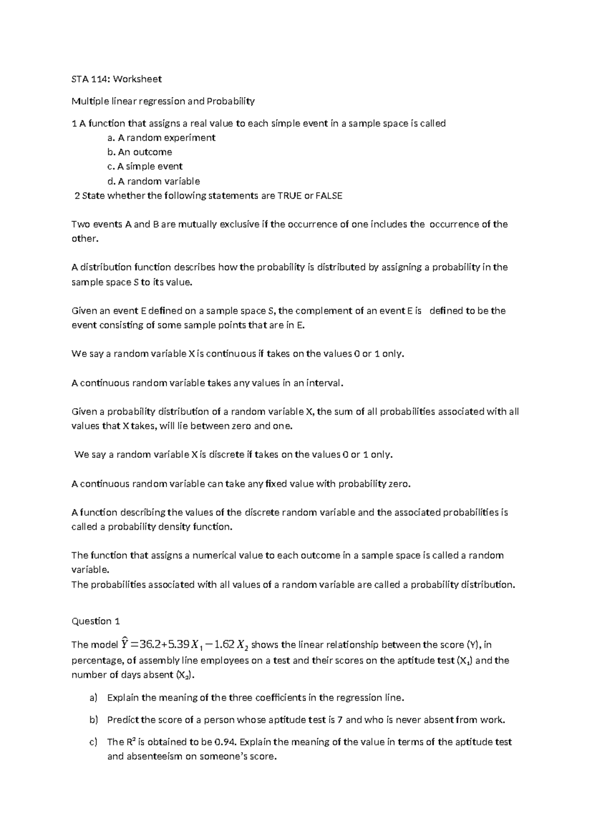 STA 114: Worksheet on Multiple Linear Regression & Probability Concepts ...