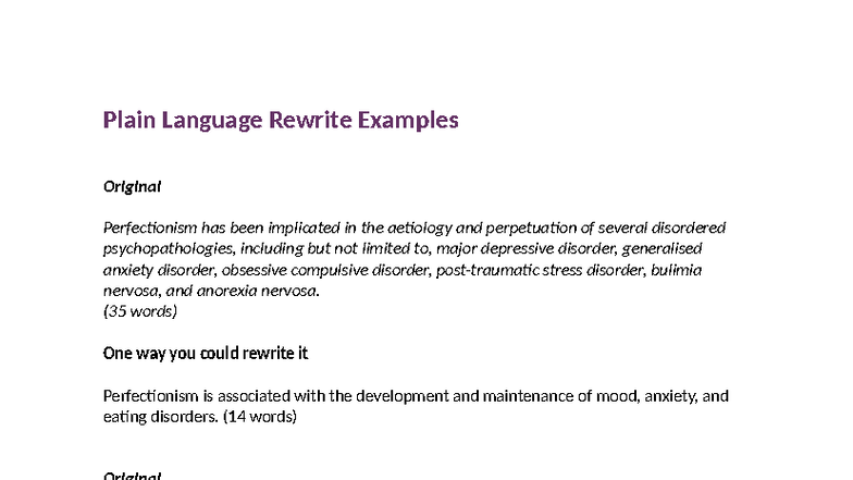 Plain Language Rewrite Examples for Psychopathology - Studocu