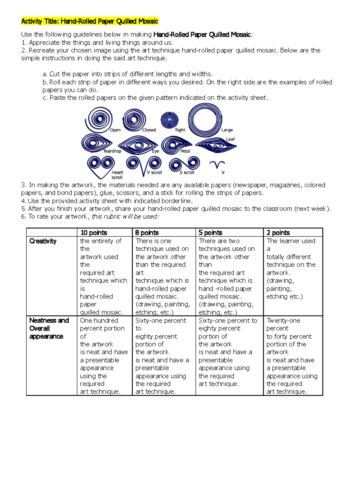 Hand-Rolled Paper Quilled Mosaic Activity Instructions - Studocu