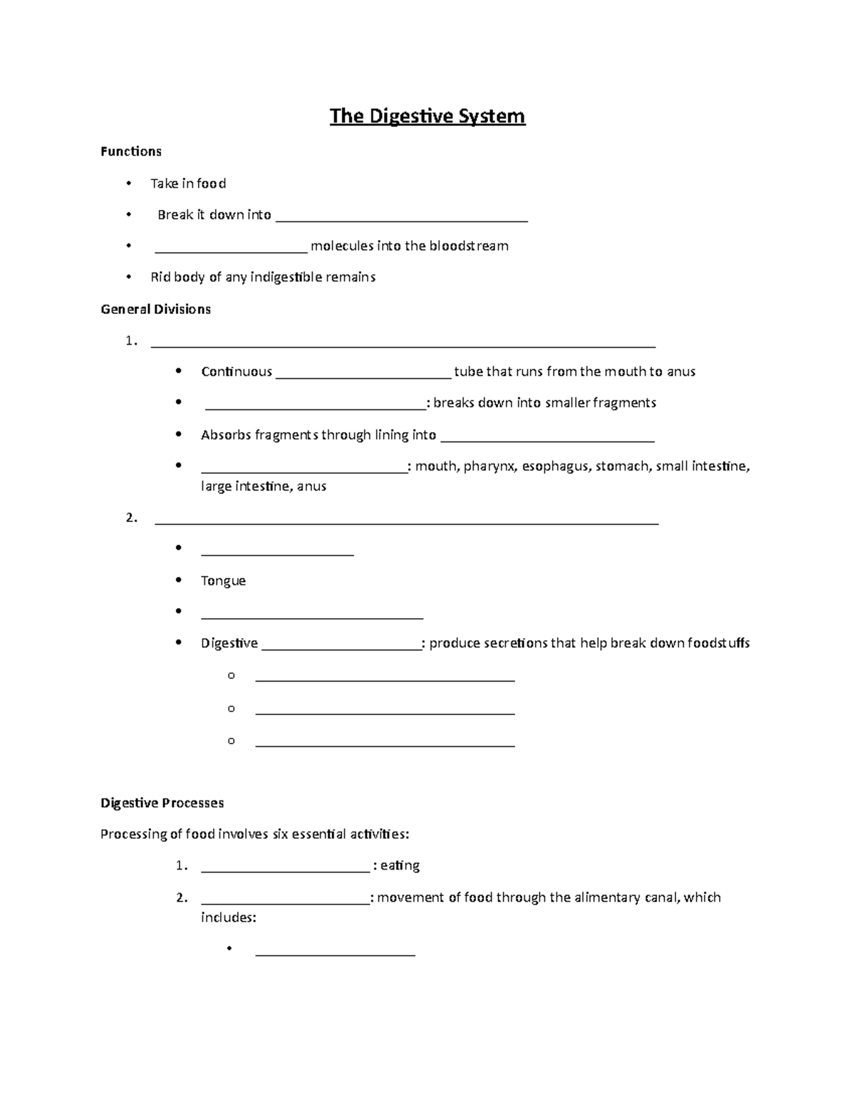 The Digestive System - Fill-in-the-Blank Review Notes for Course BIO101 ...