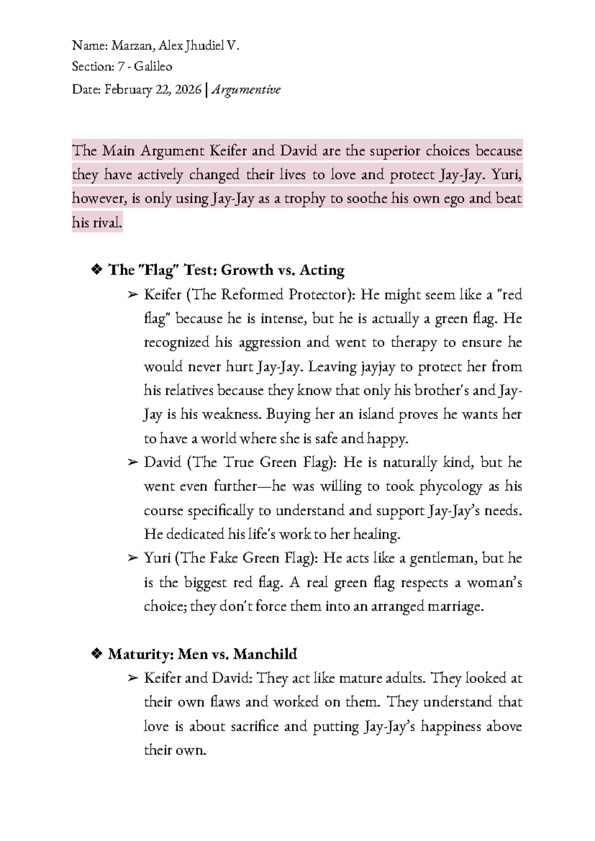 Argumentative Essay: Analyzing Choices in Love and Growth - Studocu